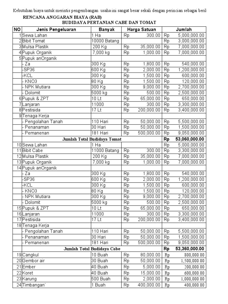 Rencana Anggaran Biaya (Rab) Budidaya Pertanian Cabe Dan Tomat | PDF