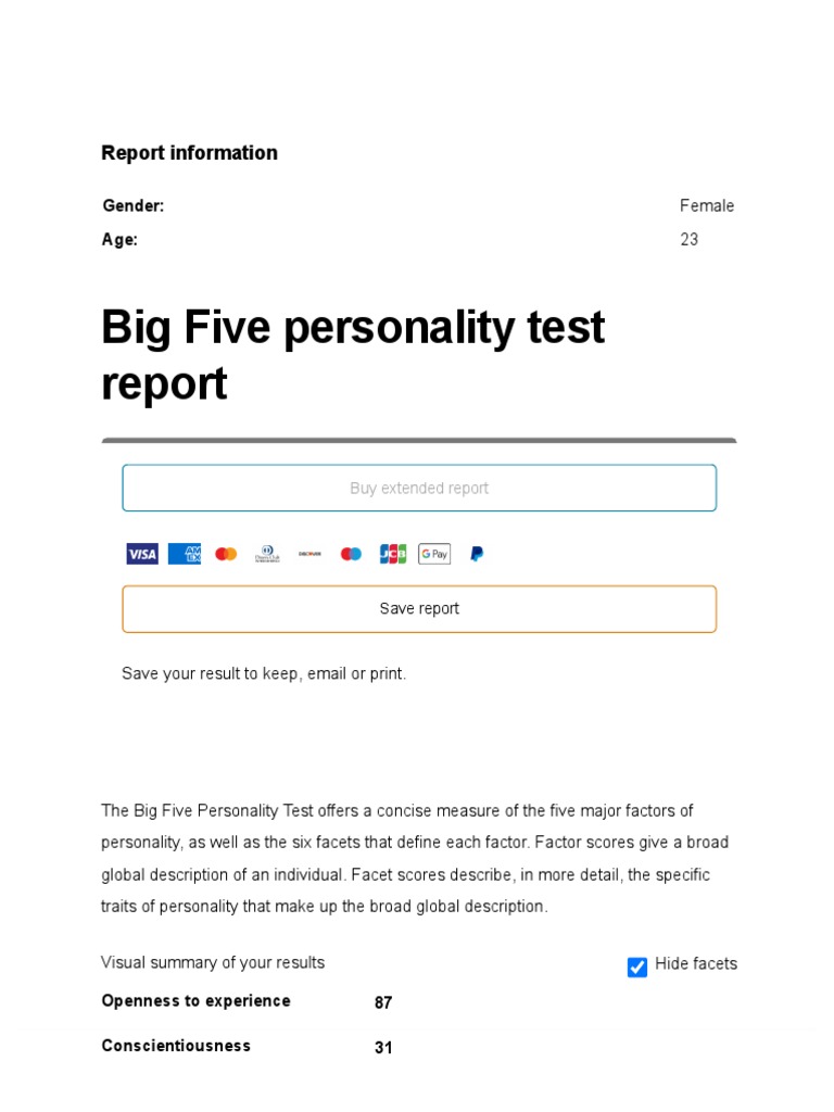 Big Five Personality Test Report | PDF
