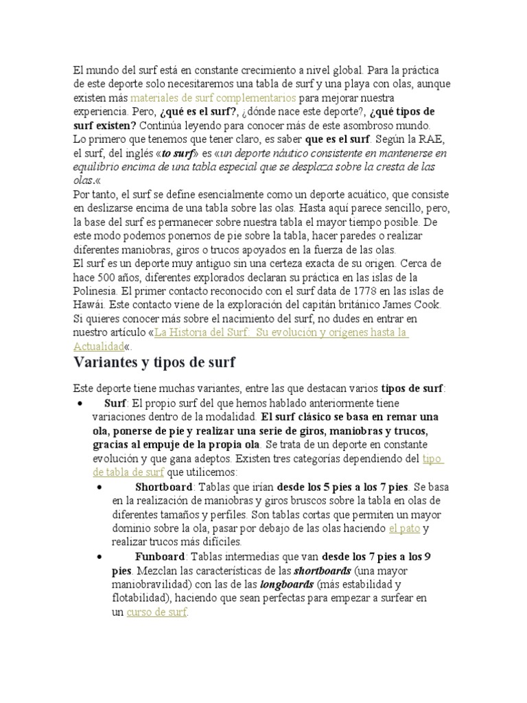 Historia y Tipos de Surf: Guía Completa | PDF | Deportes individuales ...