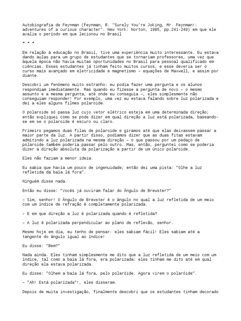 Autobiografia de Feynman (Feynman, R. Surely You're Joking, Mr. Feynman ...