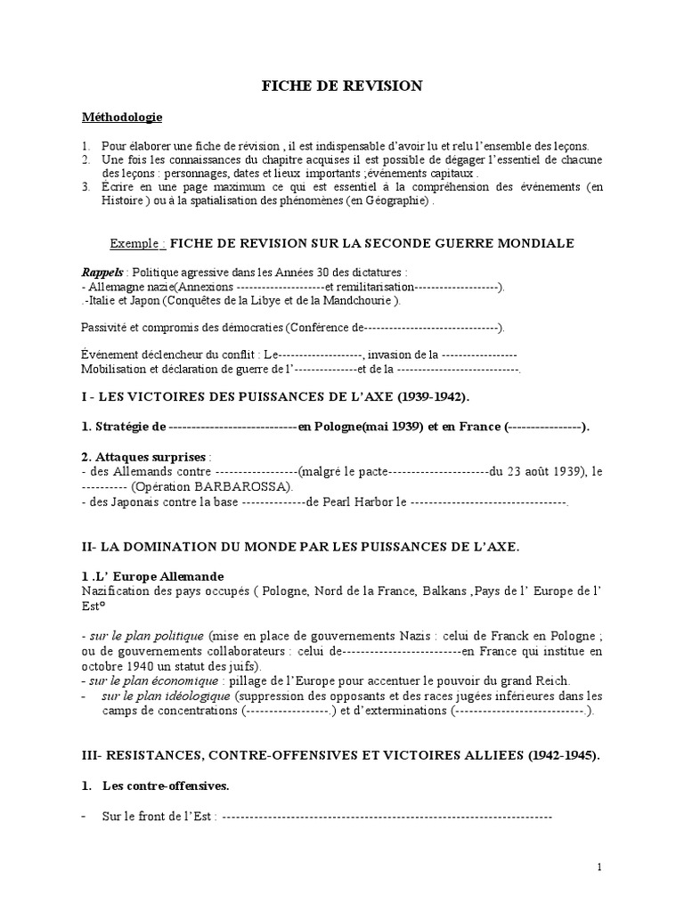 Fiche de Révision : Seconde Guerre Mondiale | PDF | Résistance au cours ...