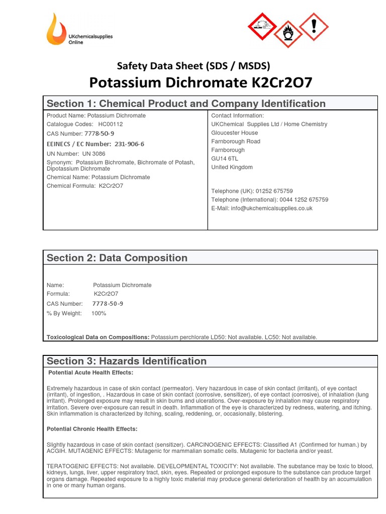 Potassium Dichromate K2Cr2O7: Safety Data Sheet (SDS / MSDS) | PDF ...