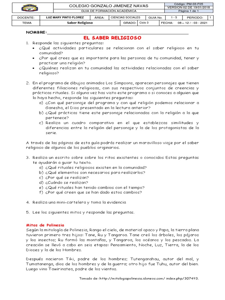 SABER RELIGIOSO 1 - 5 Saber RELIGIOSO | PDF | Rituales | Educación ...