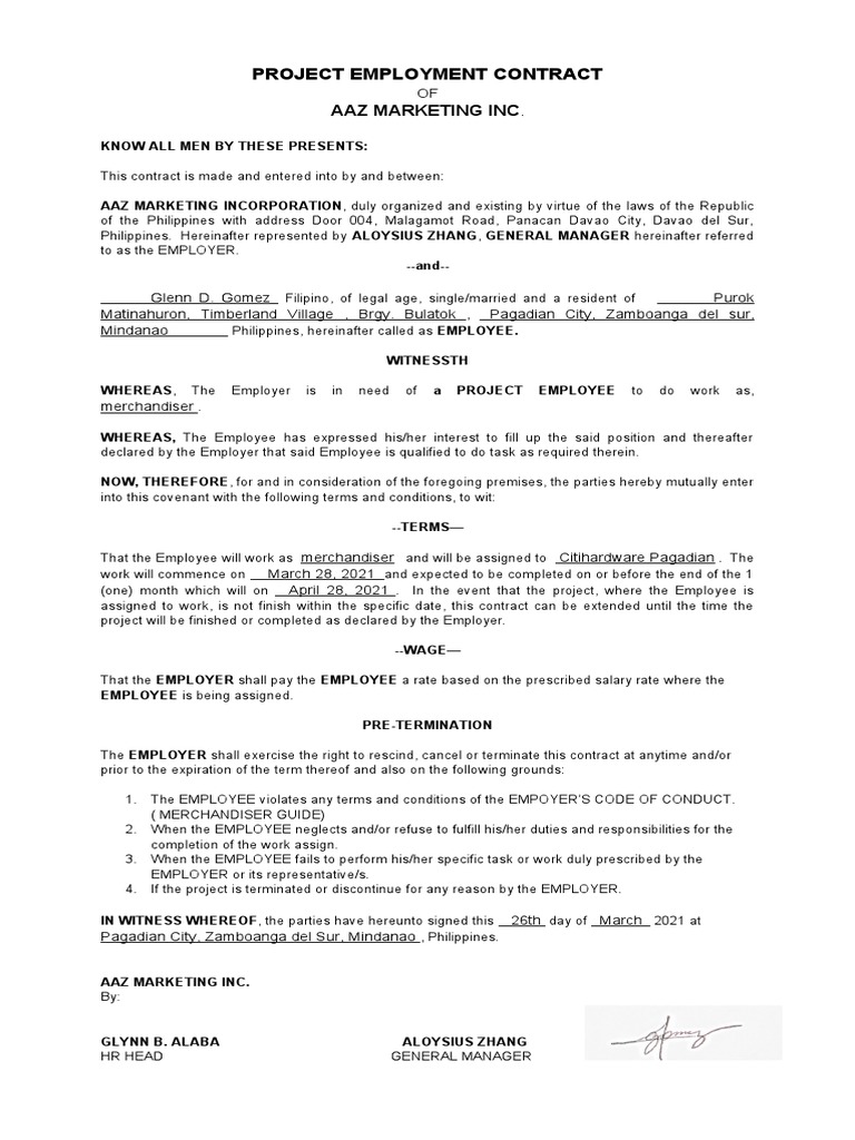 Project Employment Contract | PDF | Employment | Labor