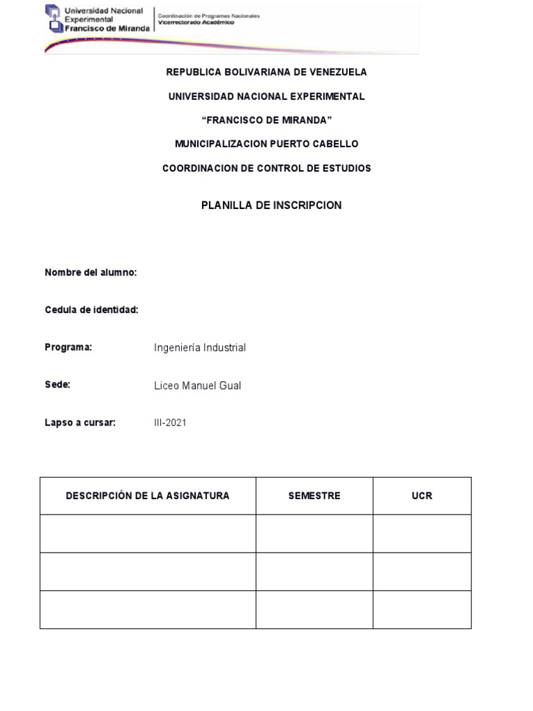 Planilla de InscripcionIng Ind I 2021 Unefm | PDF