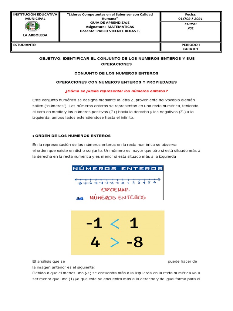 Guia # 1 - Numeros Enteros - 7° | PDF | Entero | Conjunto (Matemáticas)