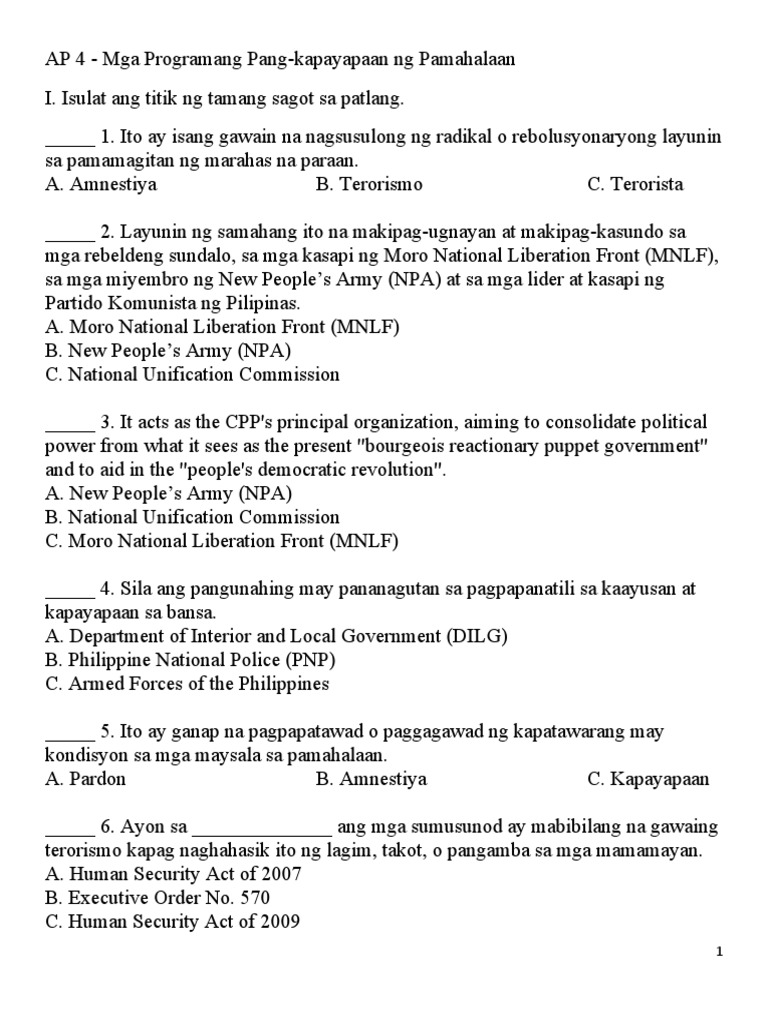 AP 4 - Mga Programang Pang-Kapayapaan NG Pamahalaan | PDF