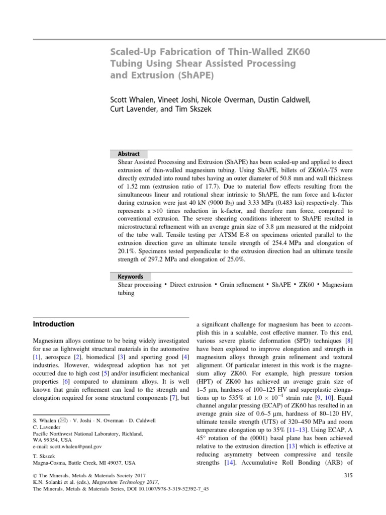 PNNL Scale Up ZK60 Tube Using ShAPE Process | PDF | Extrusion ...