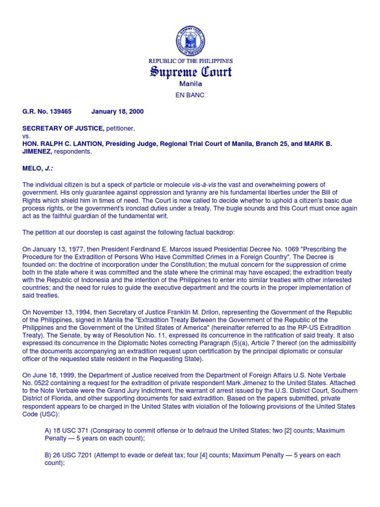 Extradition Case: Jimenez vs. Justice Secretary | PDF | Extradition ...