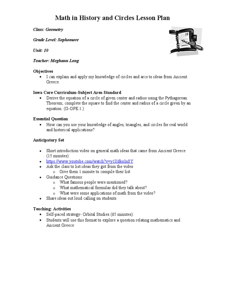 Math in History and Circles Lesson Plan: Class: Geometry Grade Level ...