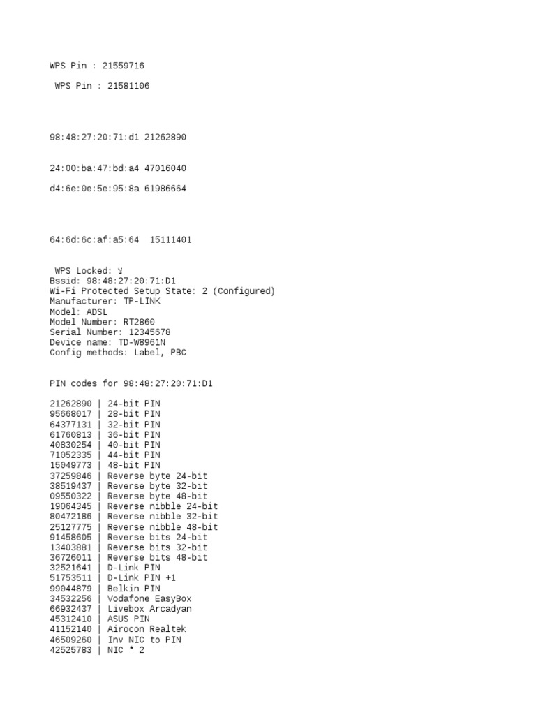 WPS PIN Codes for Various Routers | PDF