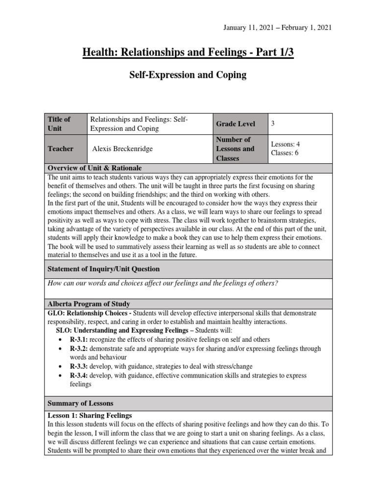 Unit Plan - Part 1 - Self-Expression and Coping | PDF | Feeling | Emotions