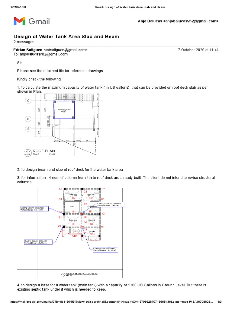 Gmail - Design of Water Tank Area Slab and Beam | PDF