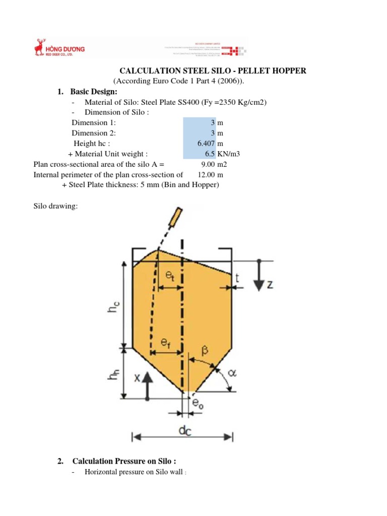 Calculation Steel Silo - Pellet Hopper 1. Basic Design:: 3 M 3 M 6.407 ...