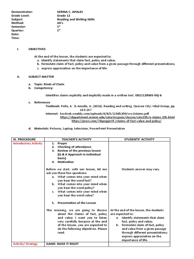 Lesson Plan For Kinds of Claims | PDF | Capital Punishment | Question