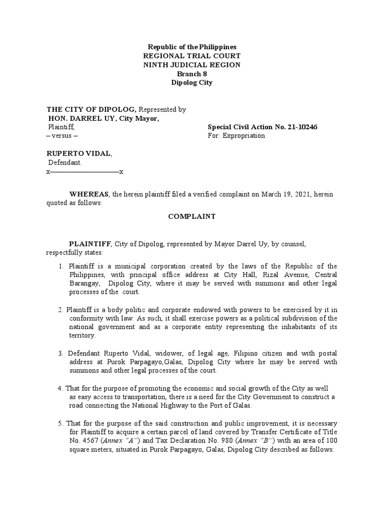 Exercise 2 - Practice Court II - Expropriation - Complaint | PDF ...