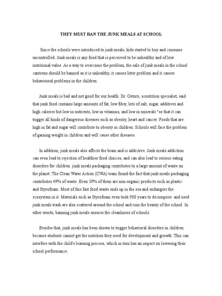 Argumentative Essay Junk Food | PDF