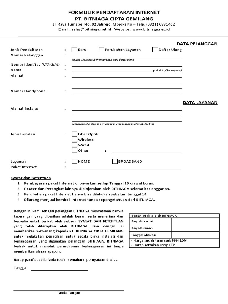 Formulir Pendaftaran Internet | PDF