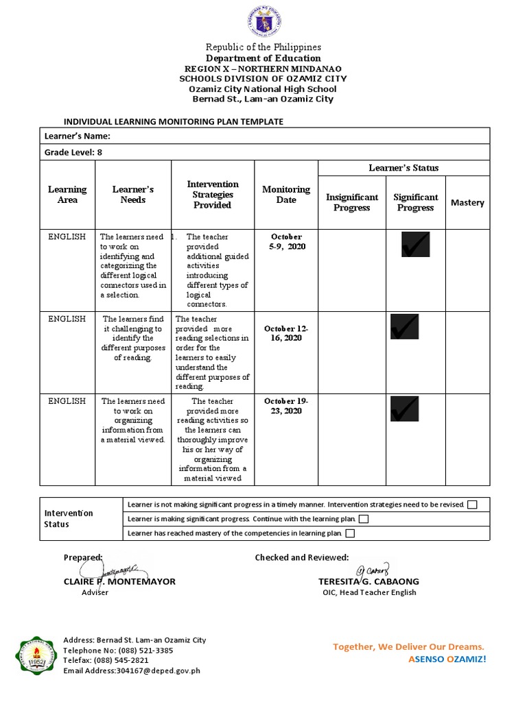 Individual Learning Monitoring Plan Template | PDF | Learning ...