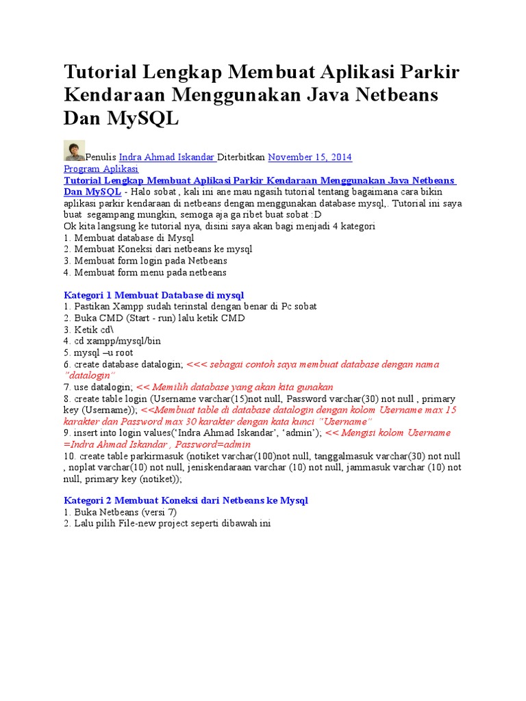 Tutorial Lengkap Membuat Aplikasi Parkir Kendaraan Menggunakan Java Netbeans Dan MySQL | PDF