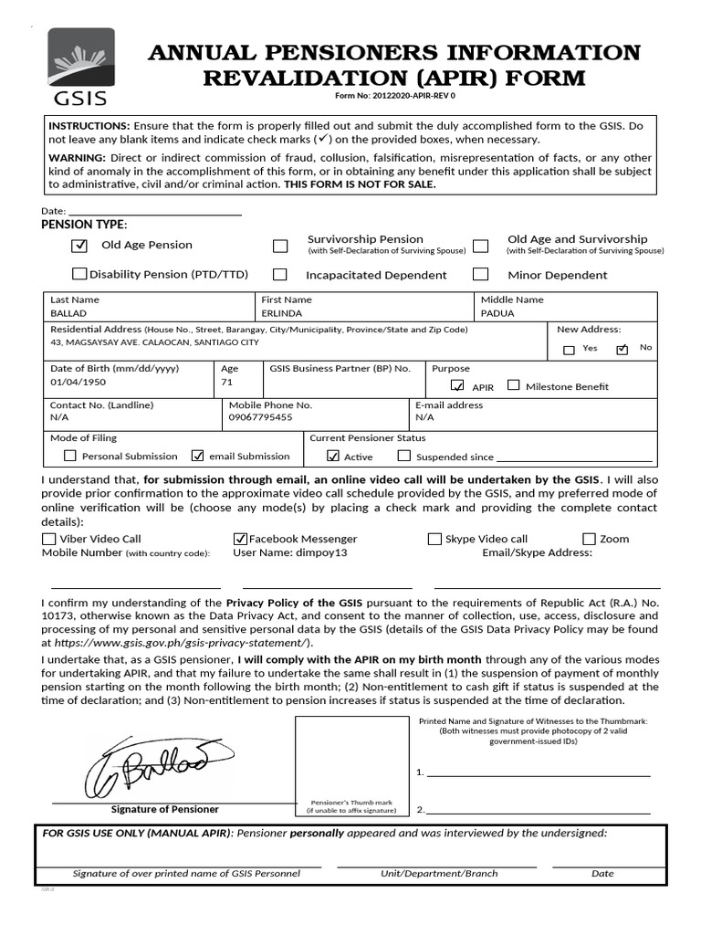 GSIS Annual Pensioners' Revalidation Form | PDF | Signature | Privacy