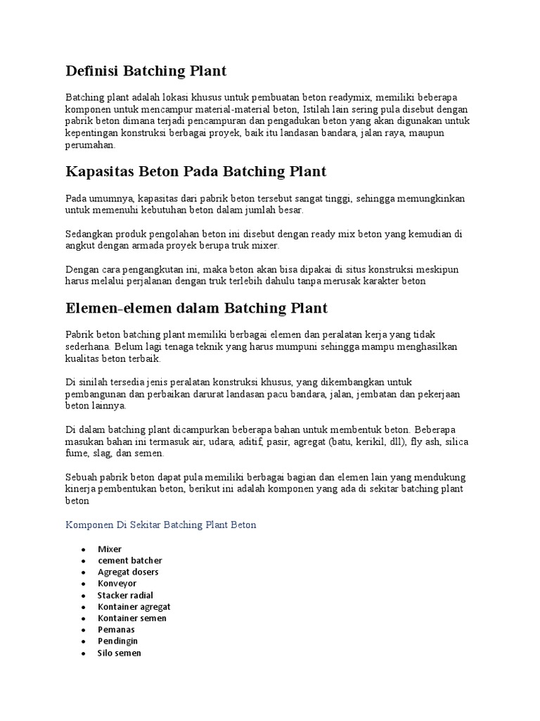 Definisi dan Komponen Batching Plant | PDF | Teknologi & Rekayasa