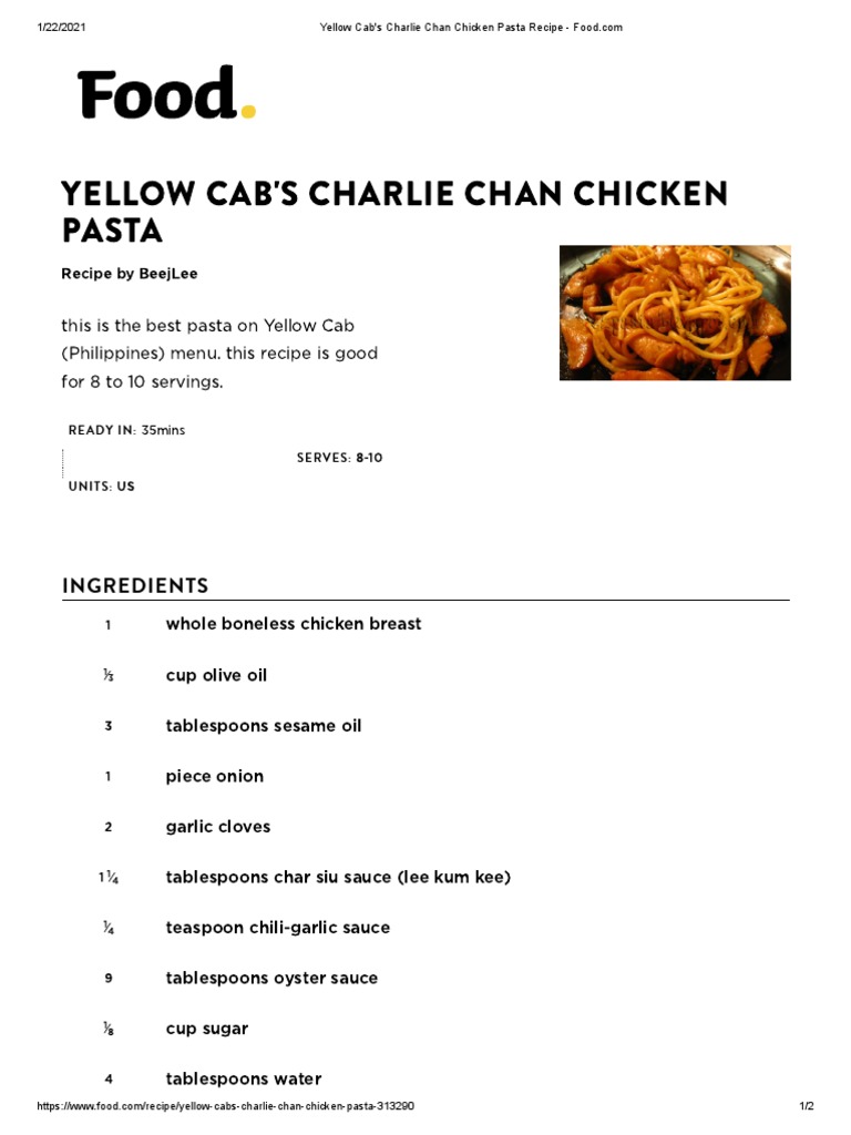 Yellow Cab's Charlie Chan Chicken Pasta Recipe | PDF | Pasta | Fat