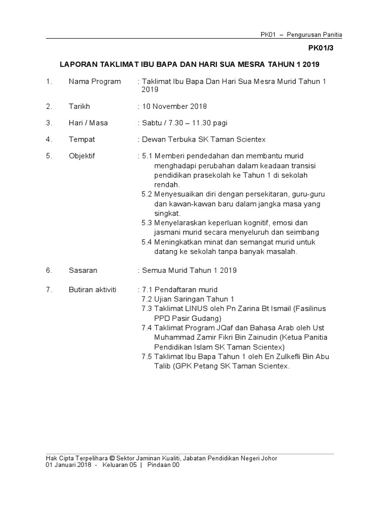 Laporan Taklimat Dan Sua Kenal Tahun 1 2019 | PDF