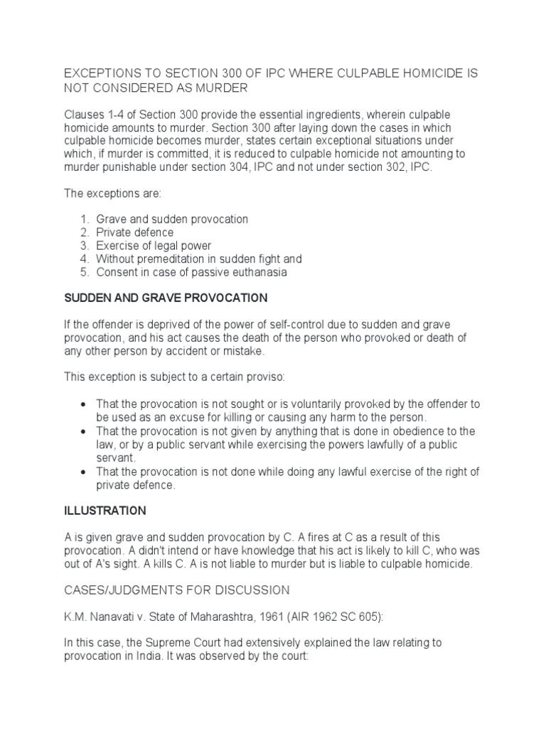 Exceptions To Section 300 of Ipc Where Culpable Homicide Is Not ...