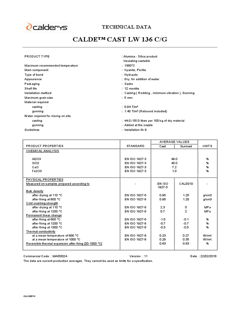 Calde™ Cast LW 136 C G | PDF | Refractory | Density