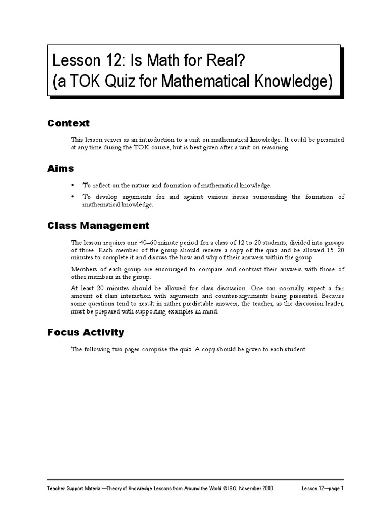 Lesson 12: Is Math For Real? (A TOK Quiz For Mathematical Knowledge) | PDF | Axiom | Teaching ...