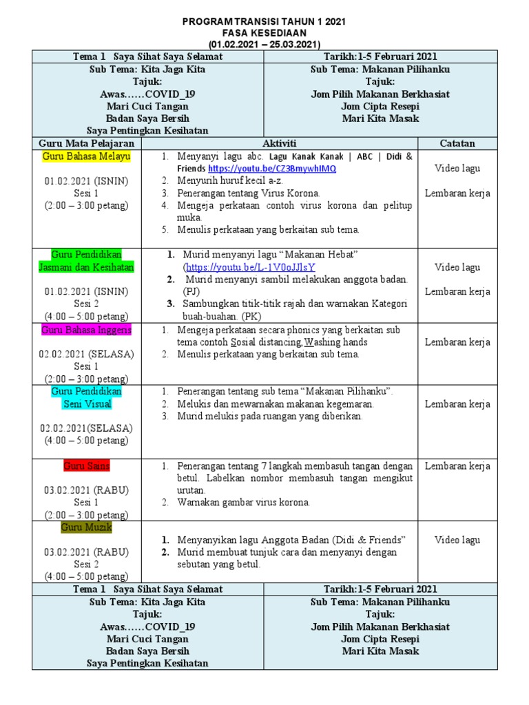 Jadual Tahun 1 Transisi | PDF | Karier & Perkembangan