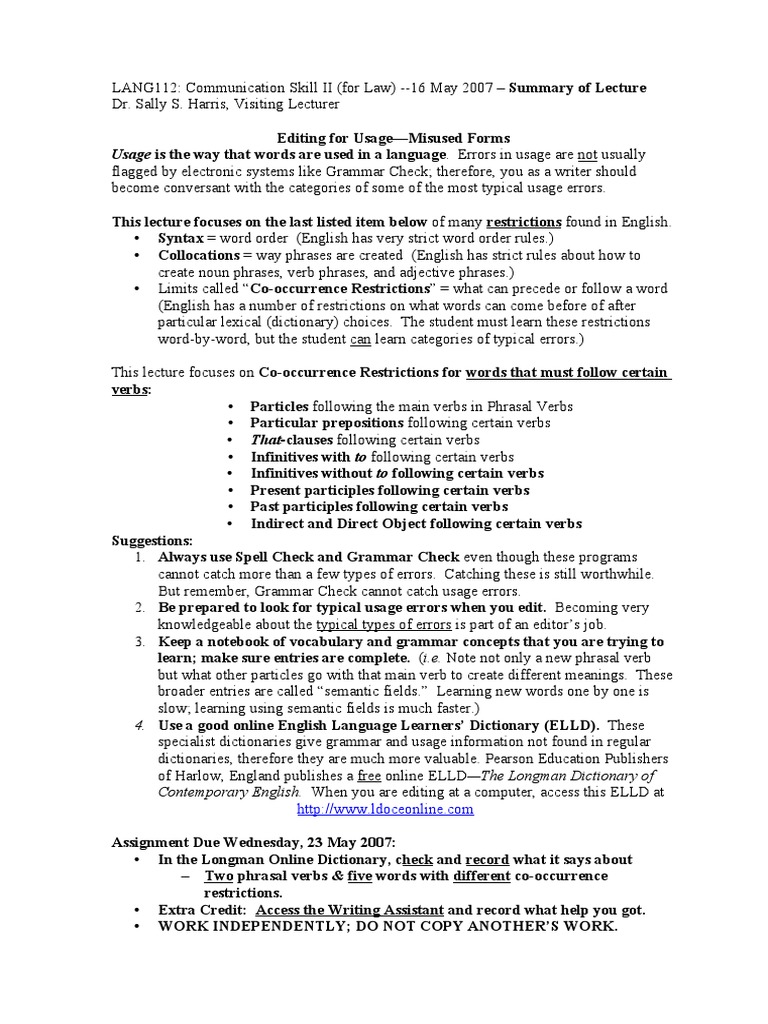 LANG112 Lecture Summary For PPT On Usage | PDF | Phrase | Verb