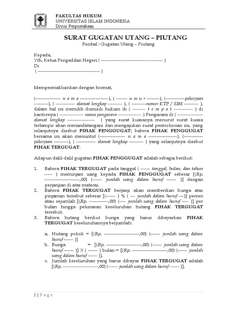 Contoh Surat Gugatan Hutang Piutang | PDF