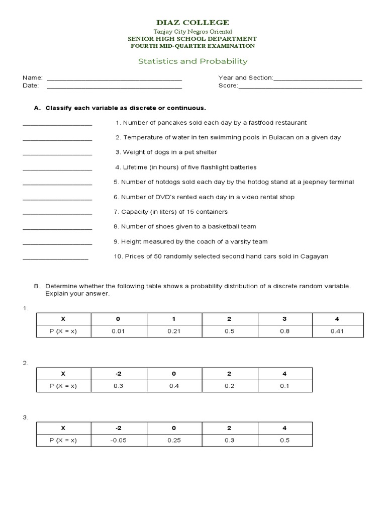 4th MID QUARTER EXAM Statistics and Probability | PDF | Probability ...