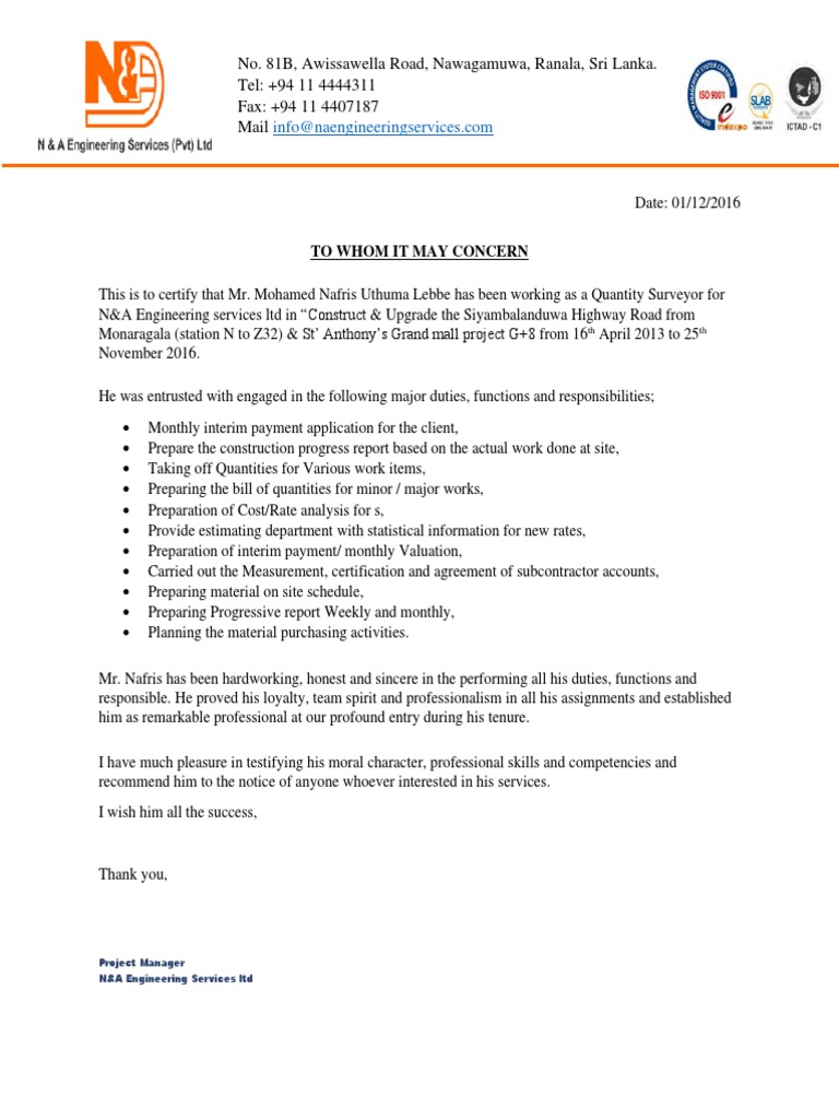 N&a Exp Letter | PDF