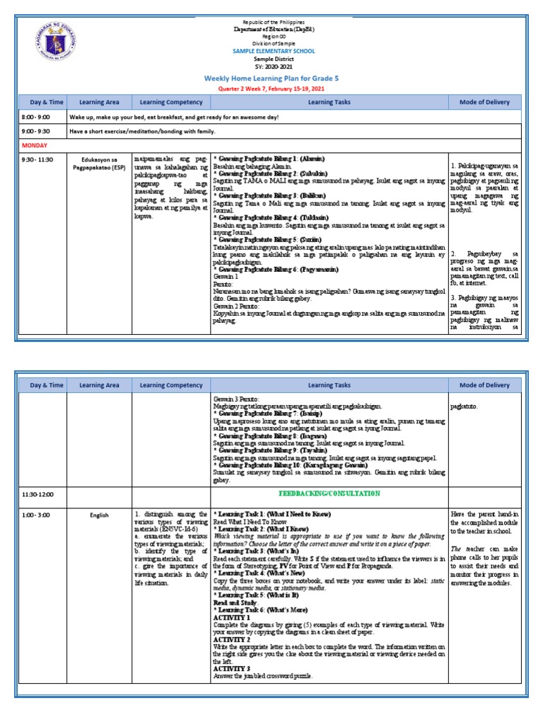 Grade 5 - All Subjects - WHLP - Q2 - W7 | PDF