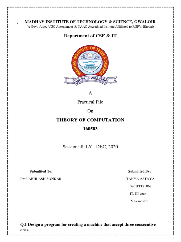 Tanya Toc Assignment | PDF | Theory Of Computation | Computer Programming