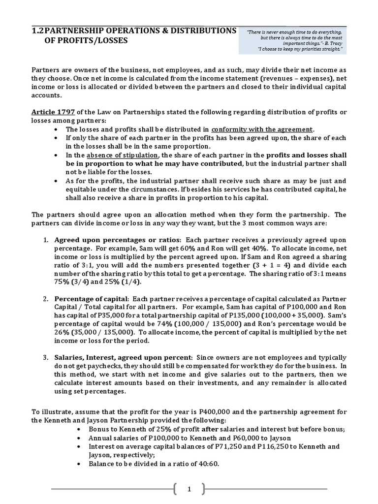 1.2. Partnership Operations and Distributions of Profits or Losses ...