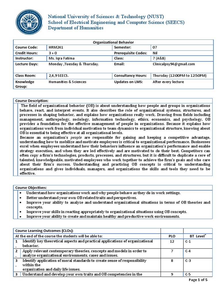 Organizational Behavior Course Outline | PDF | Organizational Behavior ...