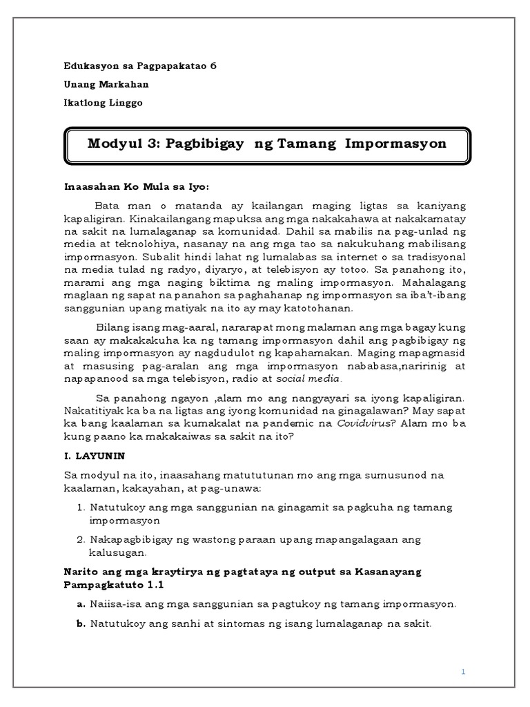 EsP 6 - Q1 - W3 - Mod3 - Pagbibigay NG Tamang Impormasyon | PDF