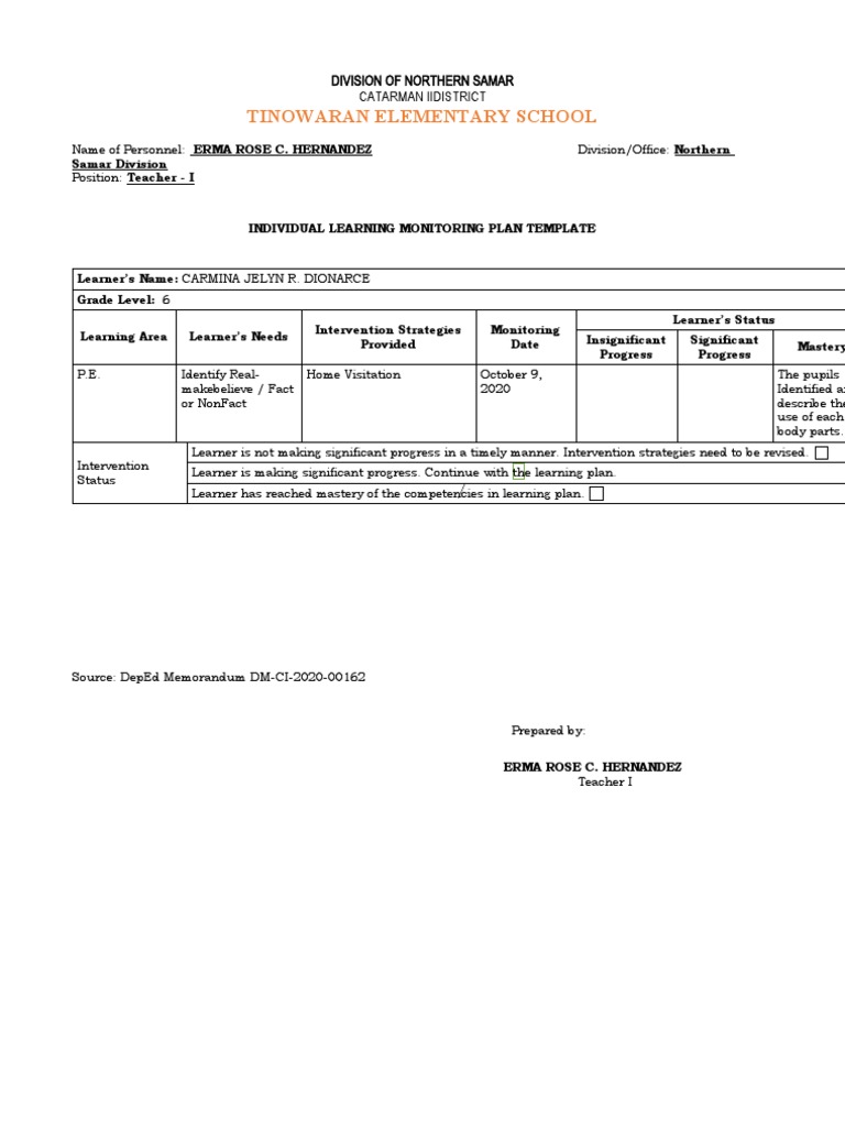 Individual Learning Monitoring Plan Template | PDF