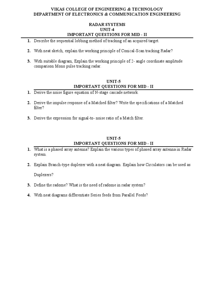 Radar Important Questions For MID-2 | PDF