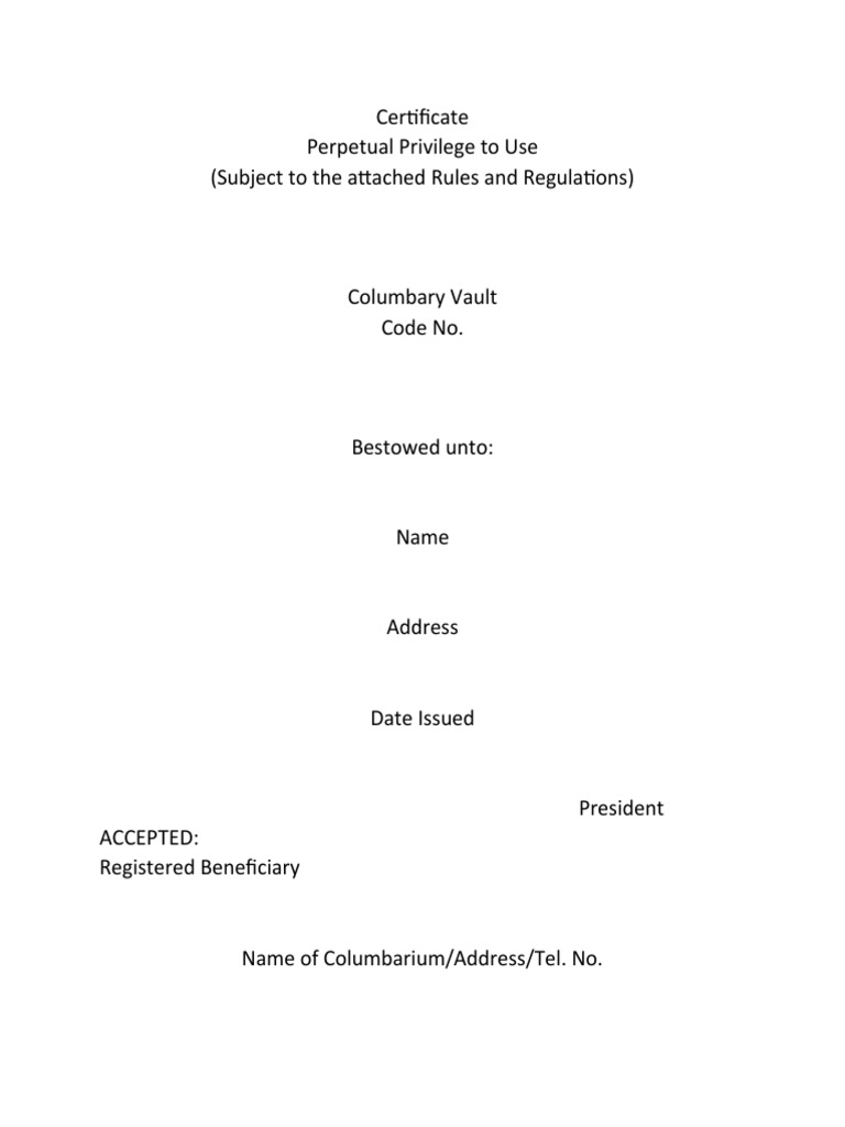 Perpetual Privilege Certificate for Columbary | PDF | Assignment (Law ...