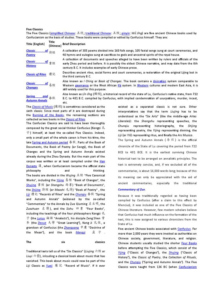 Five Confucian Classics Explained | PDF | Confucius | Ancient Chinese ...