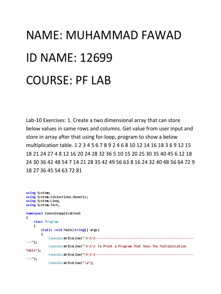 Name Muhammad Fawad Id Name 12699 Course Pf Lab Using Using Using Using Namespace Class