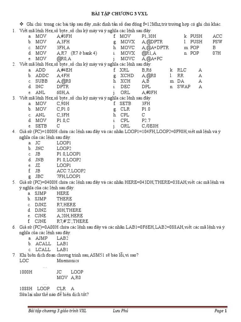 BÀI TẬP CHƯƠNG 3 VXL | PDF