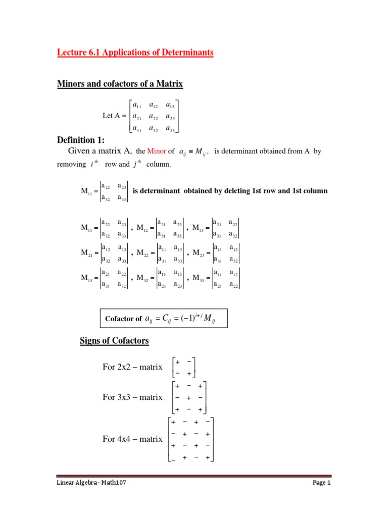 Minors and Cofactors of A Matrix: Lecture 6.1 Applications of Determinants | PDF | Determinant ...