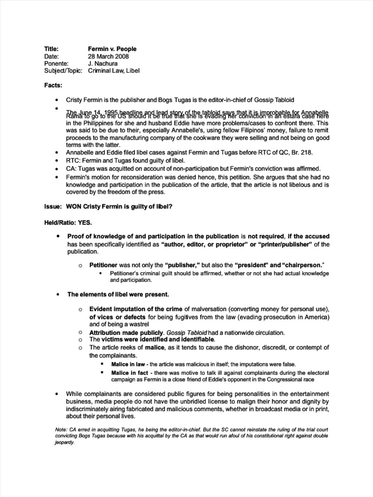 PDF Fermin V People Digest Compress | PDF | Defamation | Crime & Violence