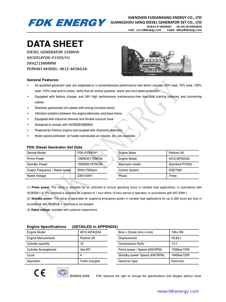 Data Sheet: Diesel Generator 1500Kw 50HZ/1500RPM PERKINS MODEL: 4012 ...